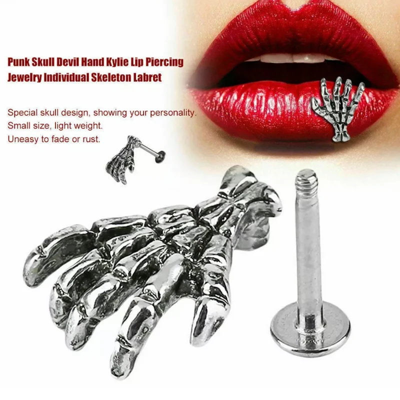 Piercing-de-labio-de-acero-de-16g-tachuelas-de-Labret-de-mano-Calavera ...