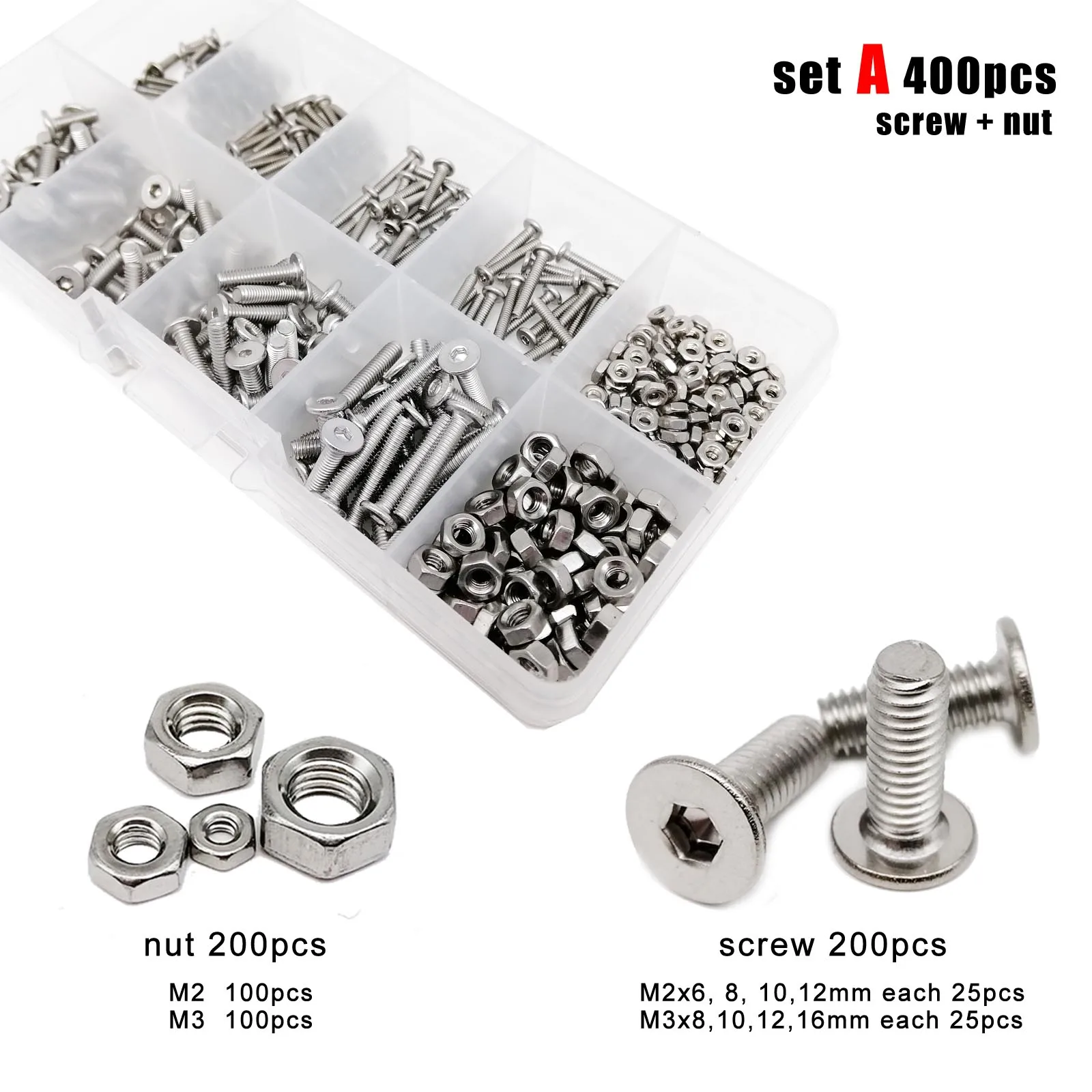 Set B 650pcs -Jeu d'assortiment de boulons à écrou en acier inoxydable 400-2100 M1.6 M2 M4 M5 ...