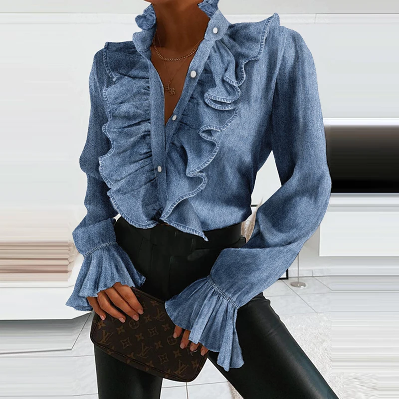 Camicia-con-bottoni-a-maniche-lunghe-con-volant-in-denim-Camicetta ...