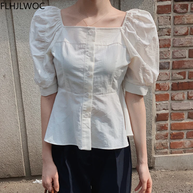 2021 Summer Cute Sweet Square Neck Tops Blusas Fashion Women Solid ...