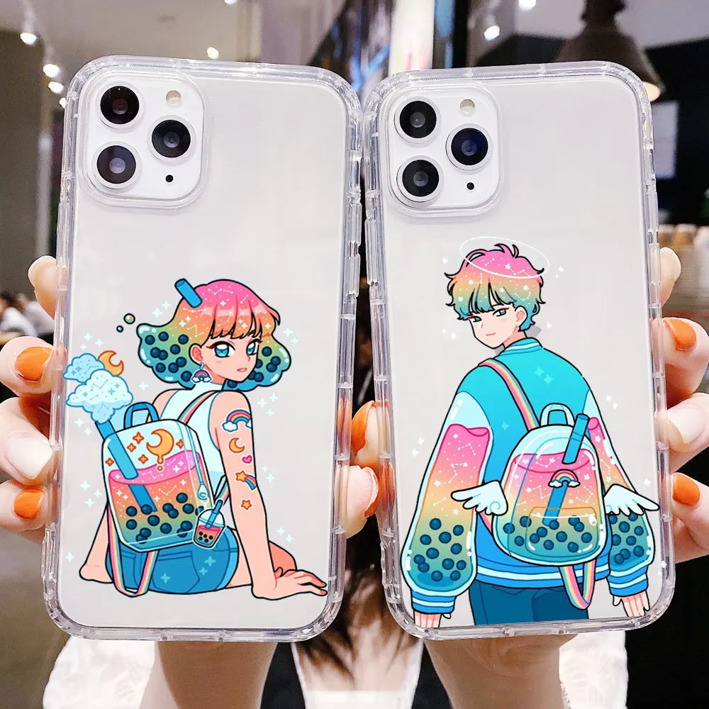 Rainbow boba boy girl lover line art phone case For iPhone 12 Pro Max ...