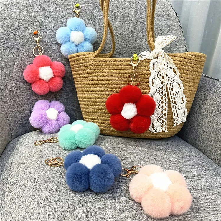 Creative-flower-pom-pom-ball-keychain-cute-plush-flower-Keychain-car ...