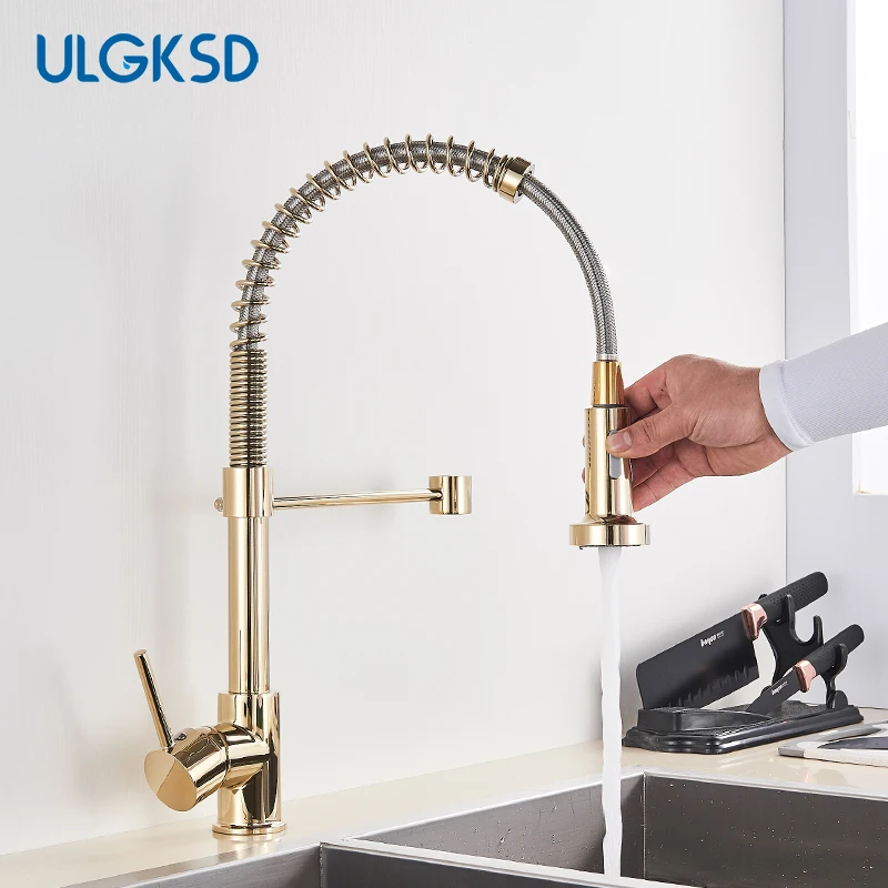 Golden-Kitchen-Faucet-Pull-Down-Sprayer-Nozzle-Hot-Cold-Water-Mixer-Tap ...