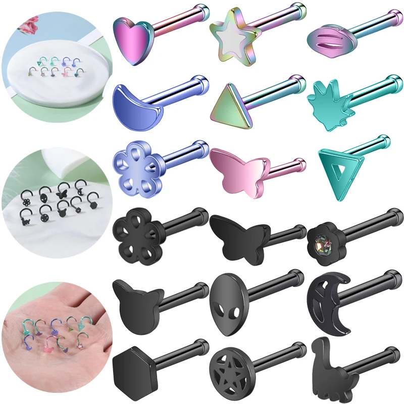 ZS-20G-Black-Nose-Studs-Women-Heart-Alien-Nose-Piercing-Stainless-Steel ...