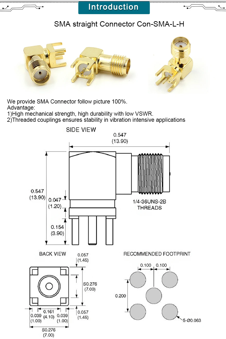 SMA Curved Feet RF Normal Connector- Threaded couplings.