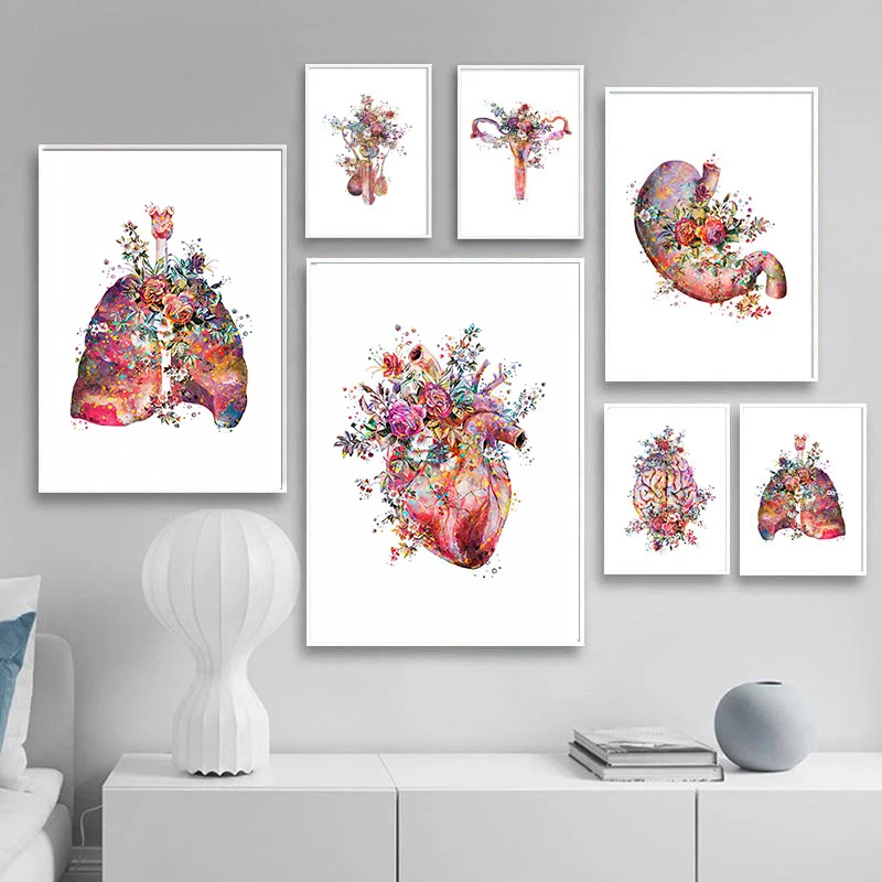 Nordic Print Posters Anatomy Human Organs Medical Floral Organs Heart ...