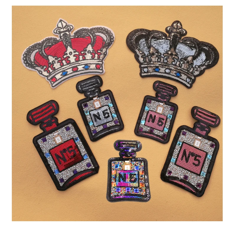 Embroidery Sequin Red Crown Patch Diamond Perfume Bottle Iron On ...