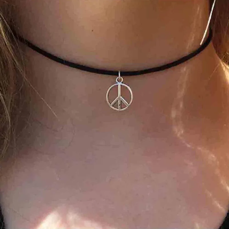 Peace Sign Leather Stainless Steel Choker Necklace for Women and Teen ...