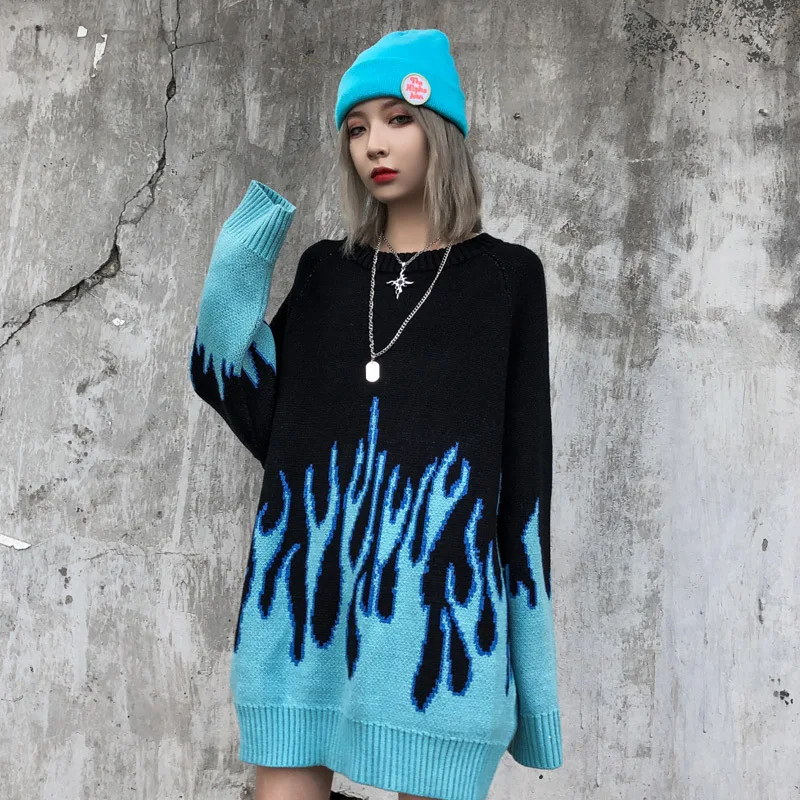 Couple Sweater Harajuku Hip Hop Flame Fire Sweaters Knit 2020 Autumn ...