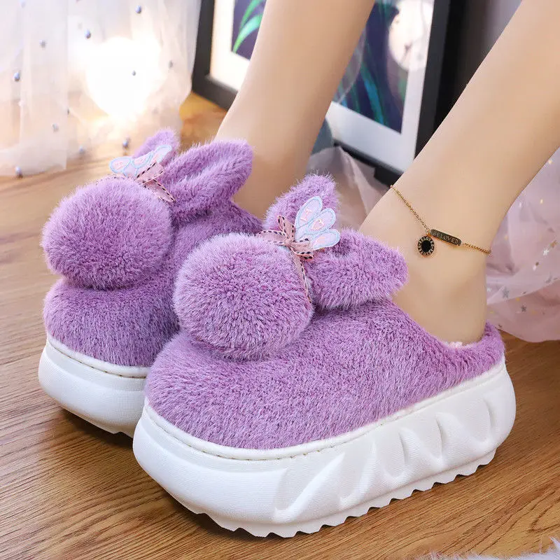 Cute Rabbit Ear Fluffy Slippers Youth Girls Winter Home Slides Shoes ...