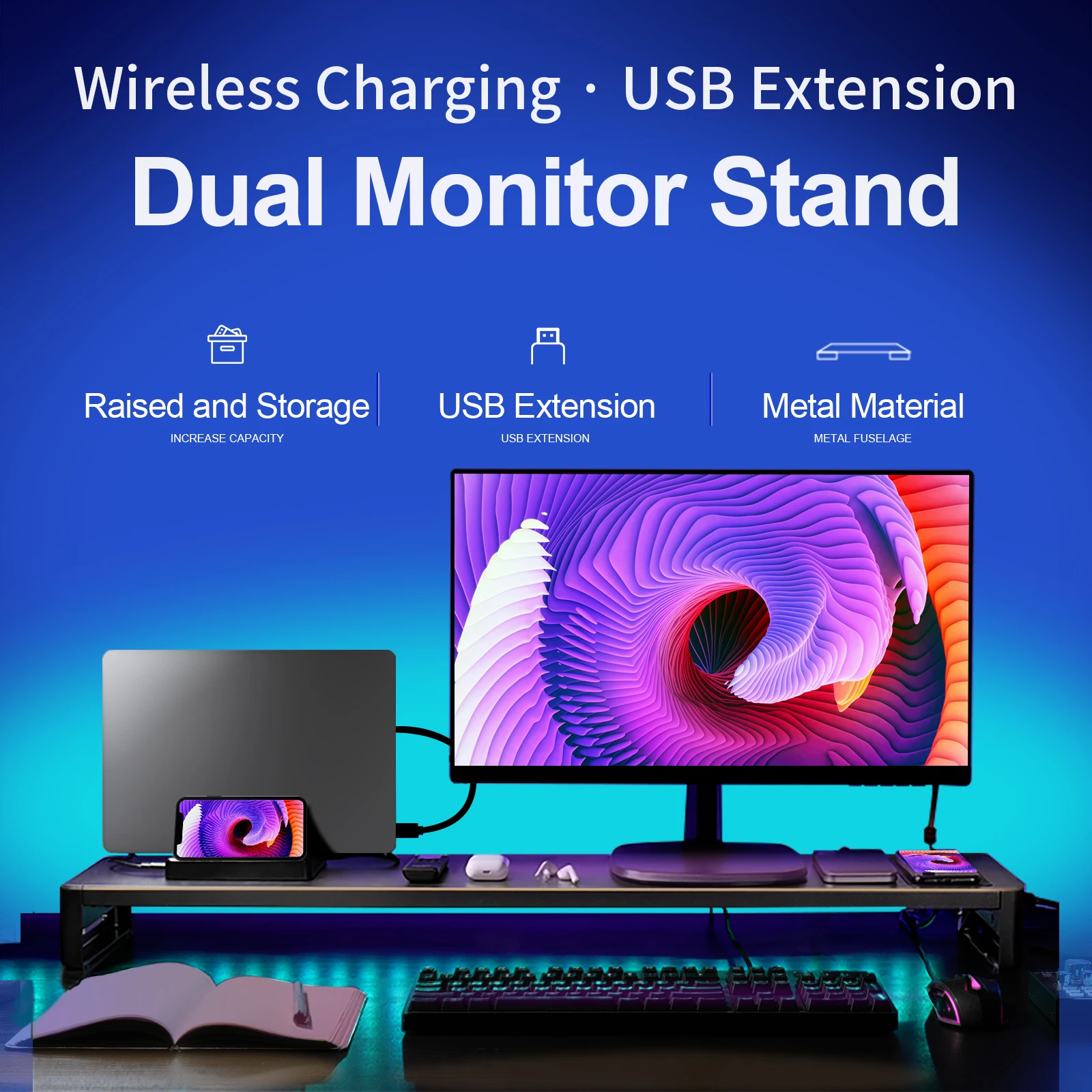 Dual-Monitor-Stand-Holder-Metal-Riser-with-Wireless-Charging-USB-Hub ...
