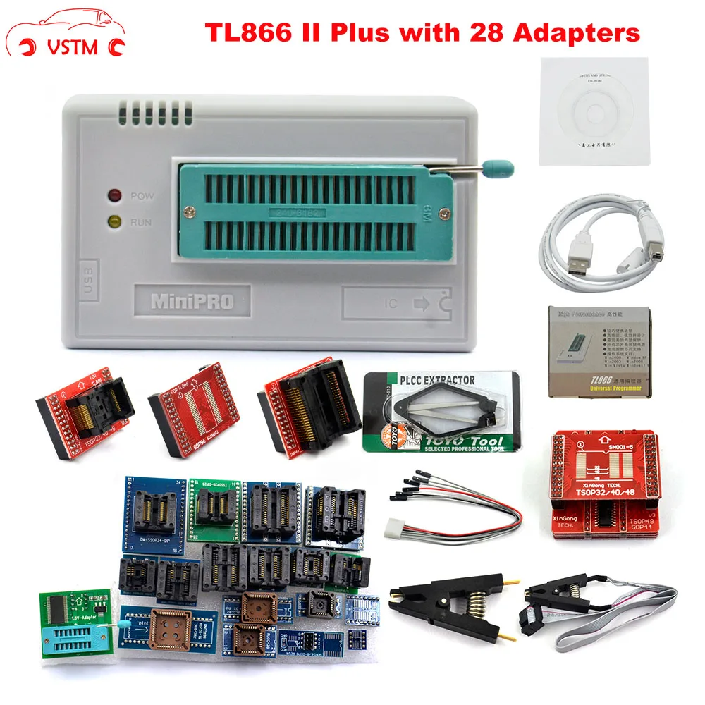 Original TL866II Plus Universal Programmer+28 Adapters+SOP8 IC Clip High speed TL866 Flash EPROM ...