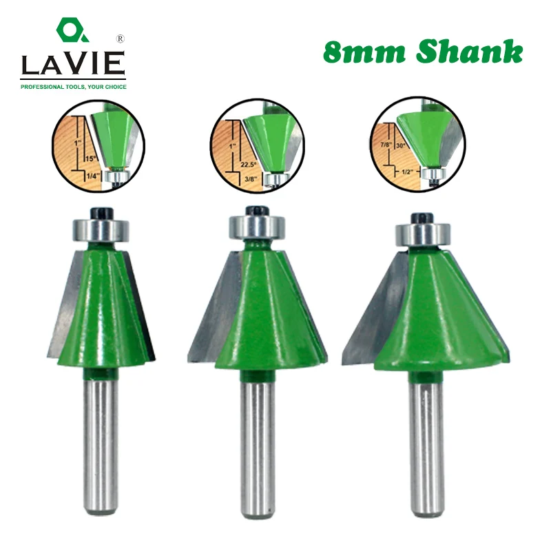 Lavie 3pcs Set 8mm Shank Chamfer Router Bits 15 22.5 30 Degree Milling ...
