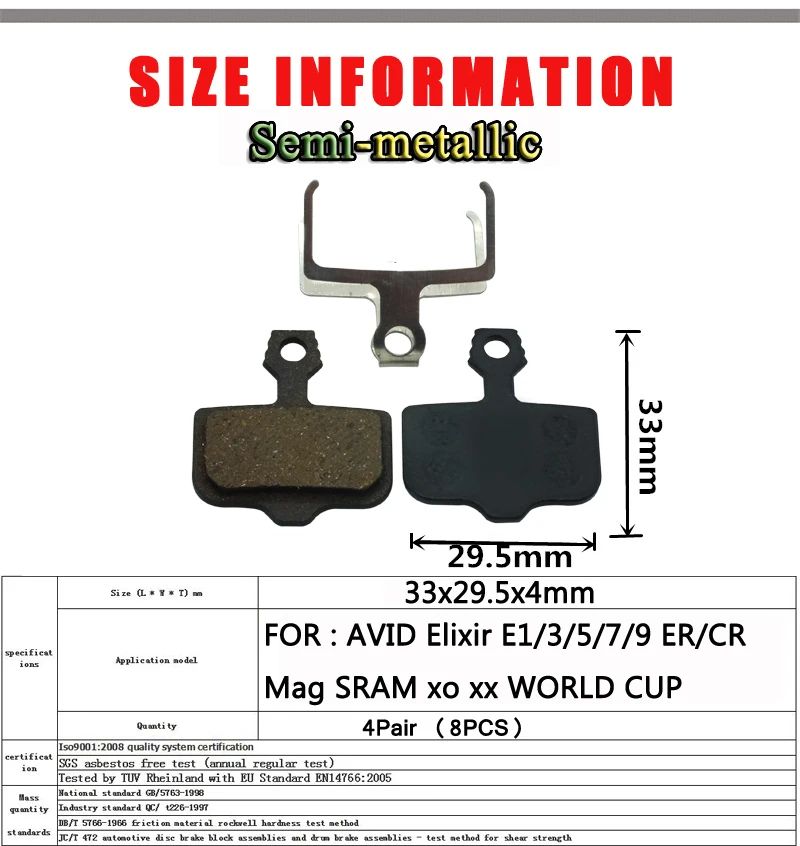 Frein vélo,4 paires Semi-métallique vélo vélo disque plaquette de frein ...