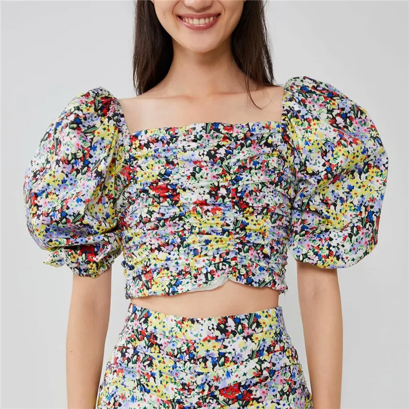 elegant floral print crop top chic women style shirt square collar puff ...