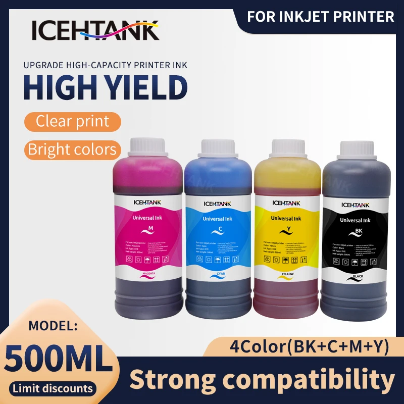 Icehtank 500ML Universal BK C M Y Refill Dye Based Ink Large Capacity ...