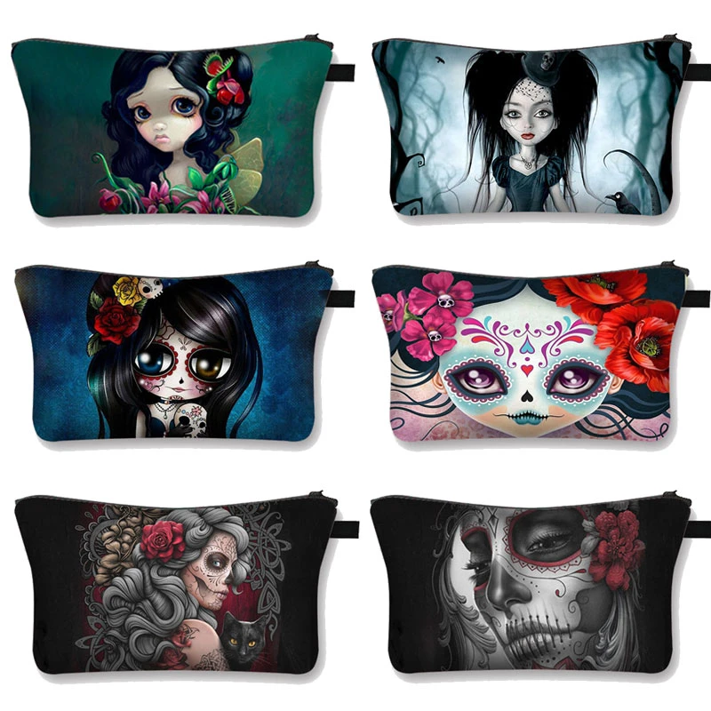 Gothic Girs Cosmetic Case Women Make Up Bag Girls Skull Print Cosmetic ...