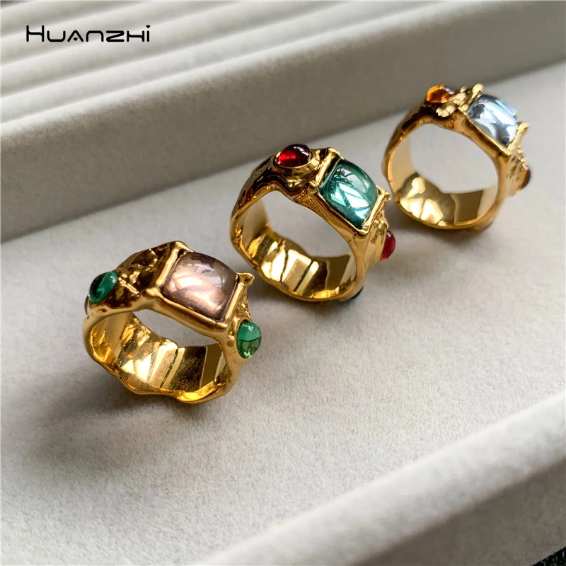 HUANZHI-2022-Vintage-Gold-Color-Metal-Ring-Colorful-Rhinestone-Geometry ...