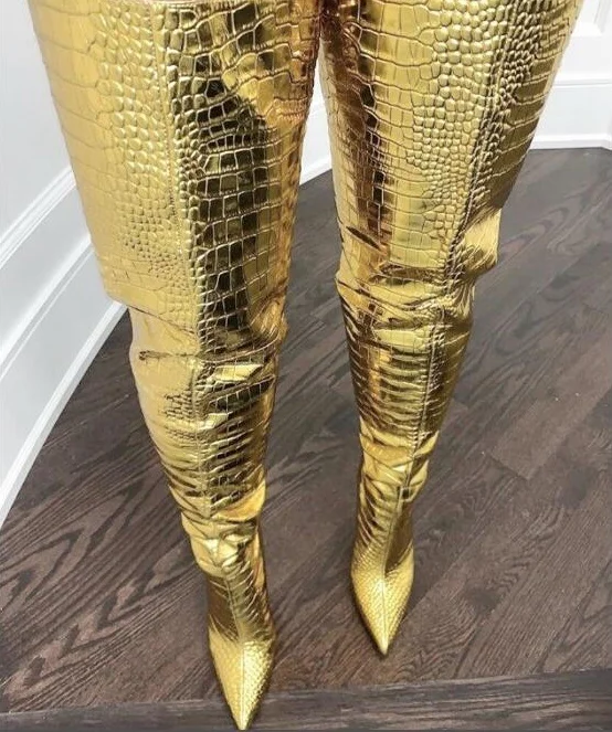 Sexy-Gold-Python-Leather-Women-High-Boots-Pointed-toe-Wide-Calf-Over ...