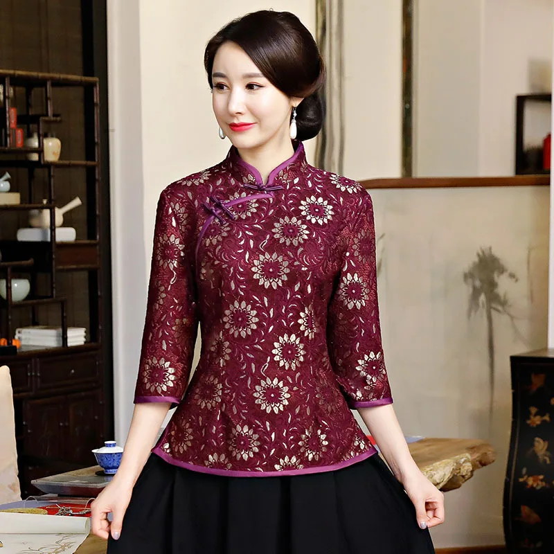 Camisa roxa feminina de verão, blusa estilo chinês tradicional de renda ...