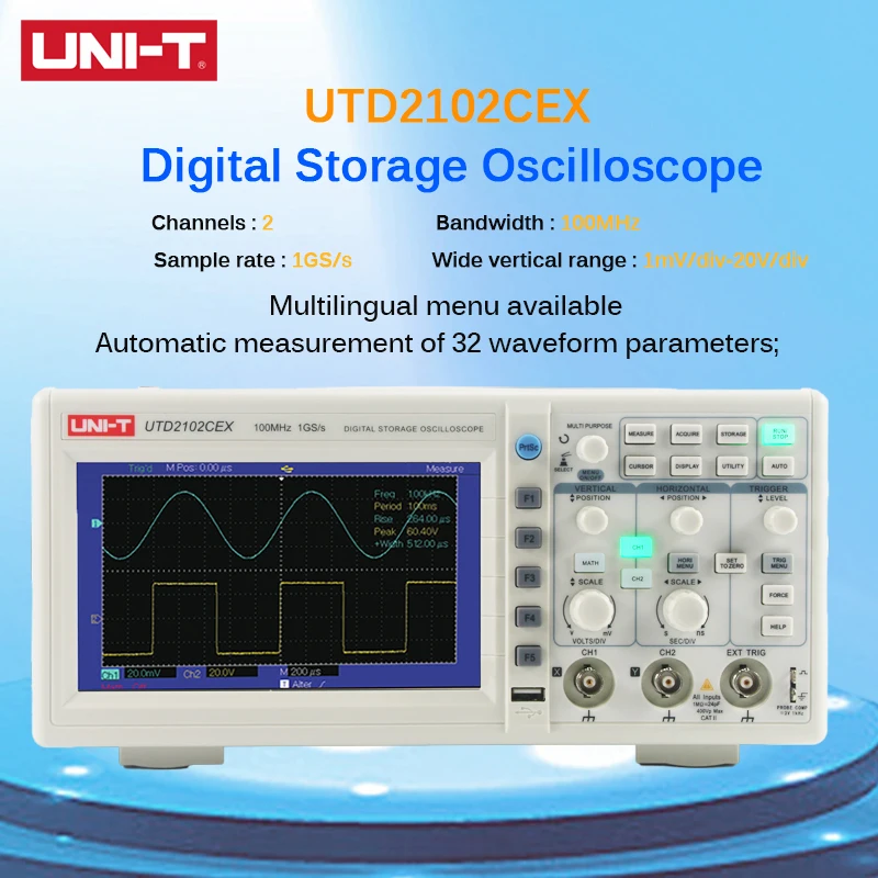 UNI-T UTD2102CEX Digital Storage Oscilloscope 100MHz Bandwidth USB Interface 2 Channels Portable ...