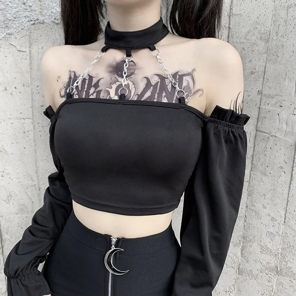 Rosetic Halter Punk Chain Sexy T Shirt Women Crop Tops Long Sleeve ...