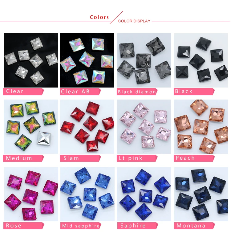 24colors Hot Sale Square Flat Back Rhinestones Square crystal glass ...