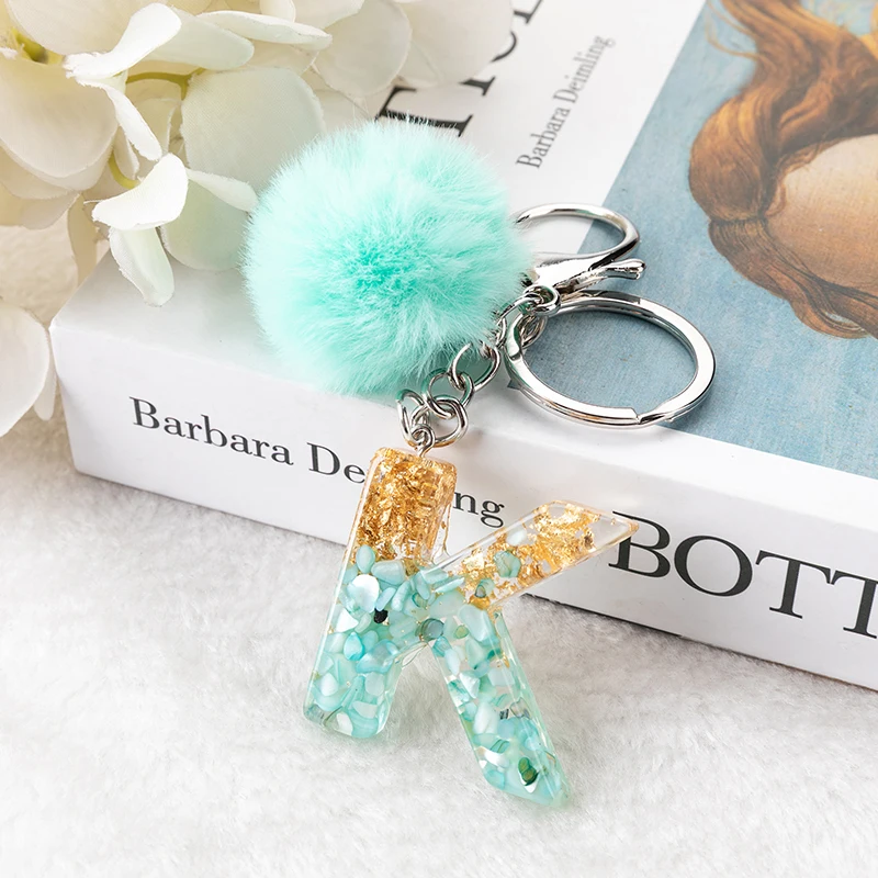 1pc Blue Pompom Letter Keychain Words Keyring With Puffer Ball Glitter ...