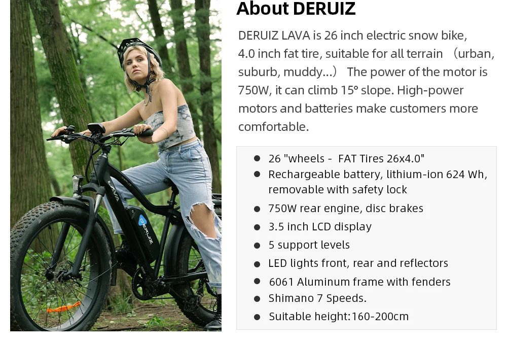 DERUIZ LAVA Electric Bike 26 Inch Snow Bicycle Ebike Fat Tire 48V 750W ...