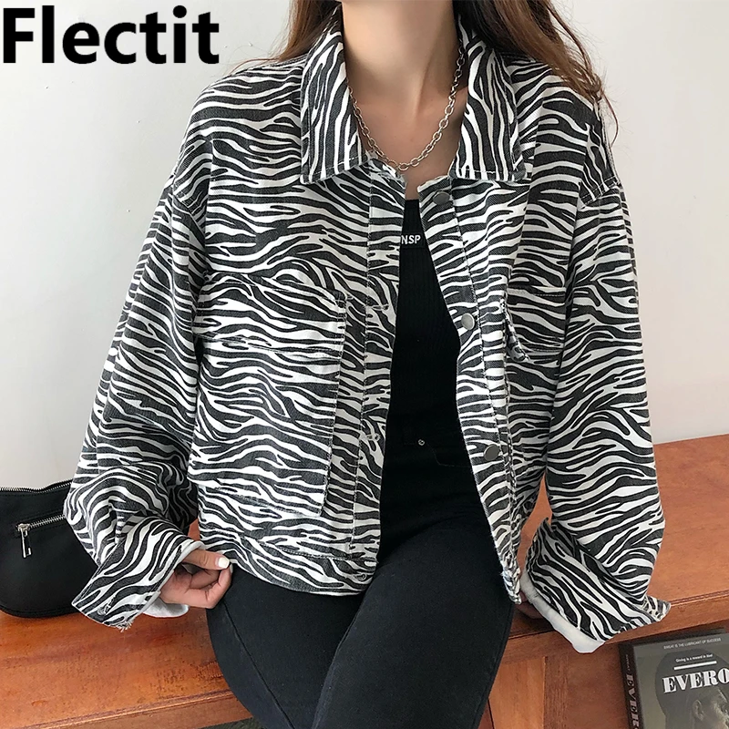 Flectit Women Zebra Denim Jacket Loose-fit Long Sleeve Bomber Jackets ...