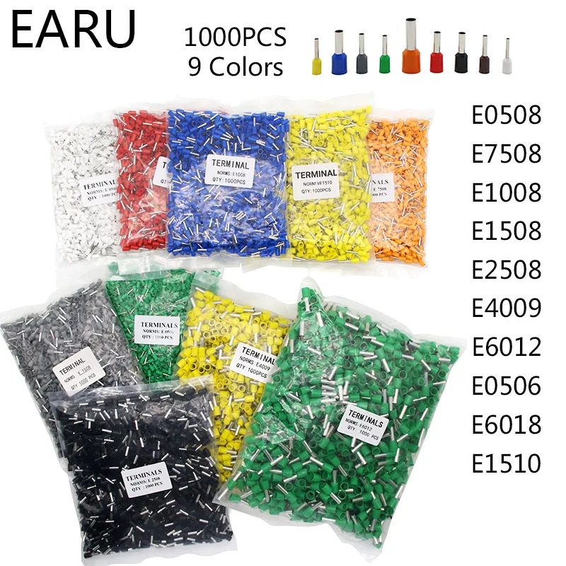 1000pcs/Pack E0508 E7508 E1008 E1508 E2508 Insulated Ferrules Terminal ...