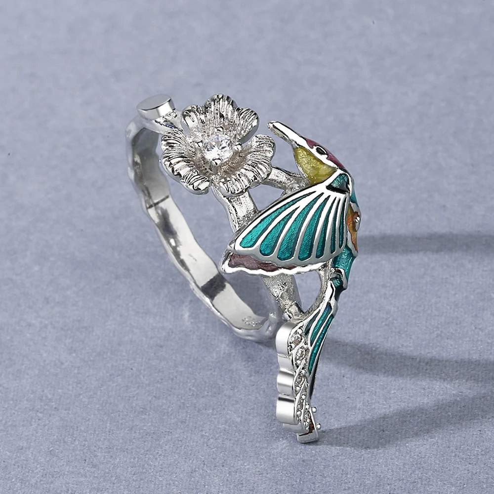 2024 New Creative Hummingbird Women's Ring Color Epoxy Jewelry Flower ...