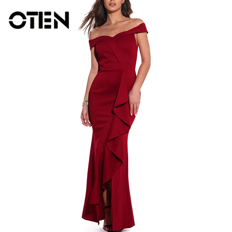 OTEN Split Ruffle Solid Color Summer 2020 Long Dresses Women Elegant ...