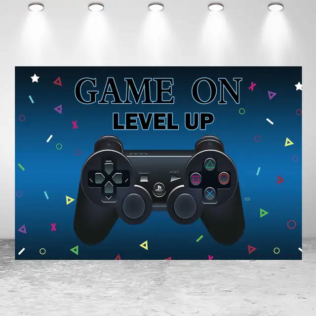 Blue Video Game Birthday Backdrop For Boy Level Up Banner Kids Party ...