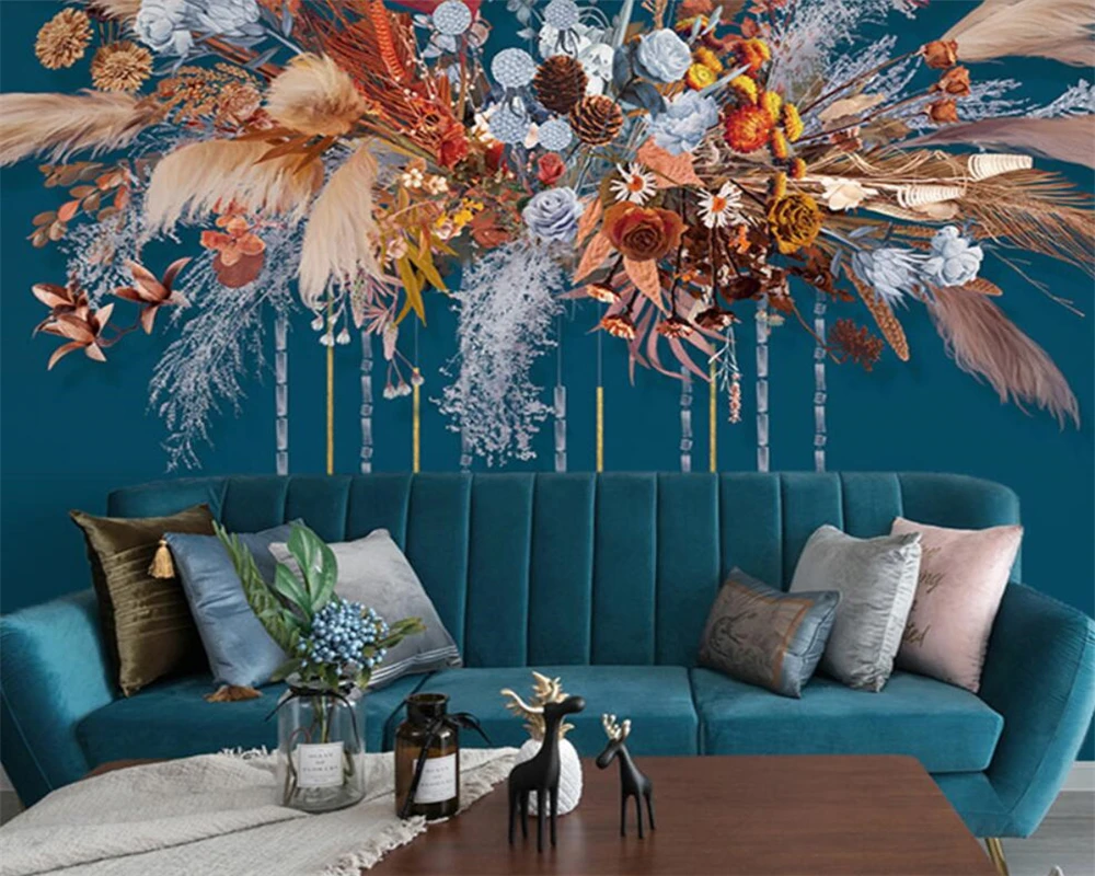 beibehang Customized Nordic hand-painted flower TV background European ...