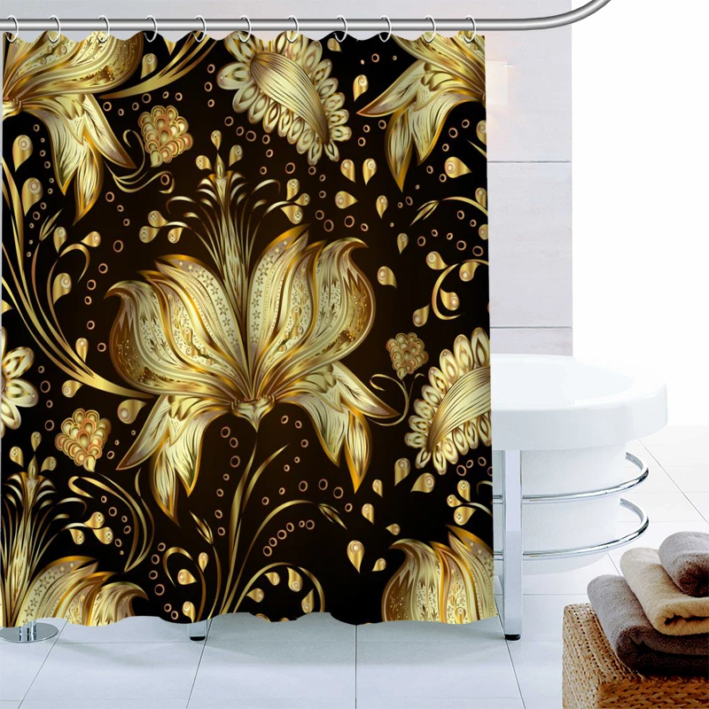 Simple European Gold Floral Shower Curtain 12 Hook Polyester Fabric 3d ...