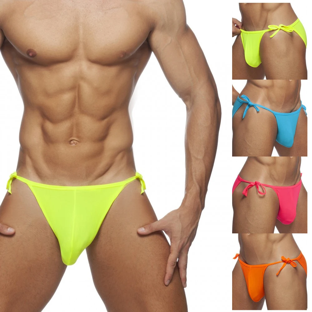 Mens Swimming Trunks Solid Color Sexy Lace Up Low Rise Bikini Swimming