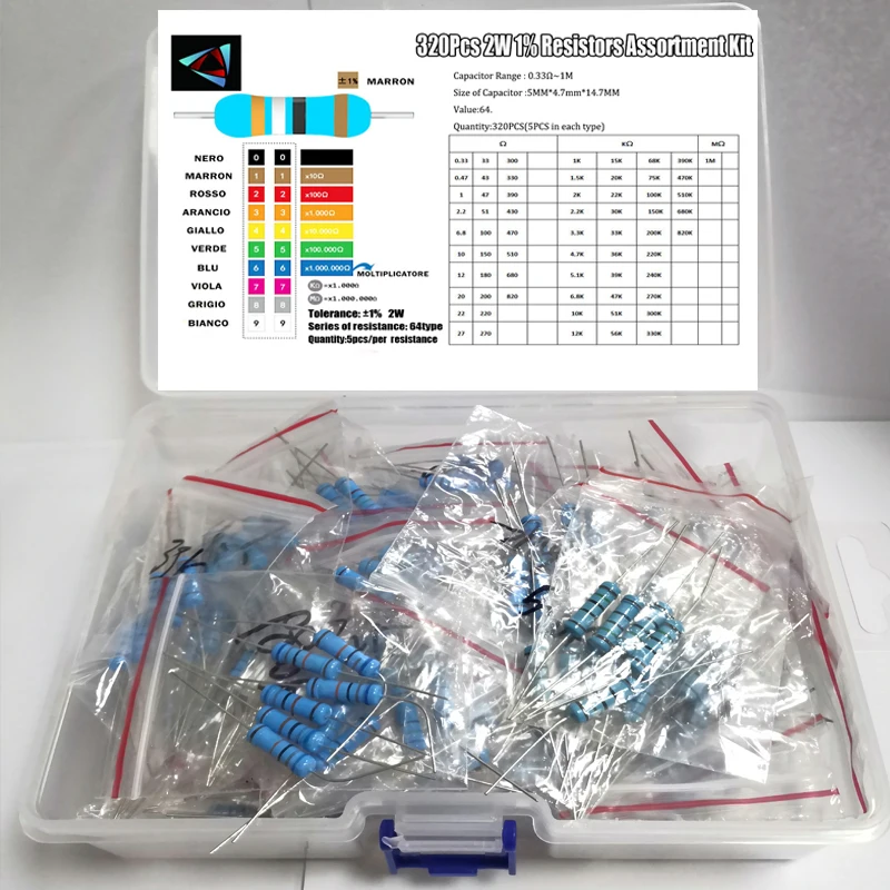 320pcs 0.33r-1m Ohm 2w 1% 64valuesx5pcs Metal Film Resistor Assorted ...
