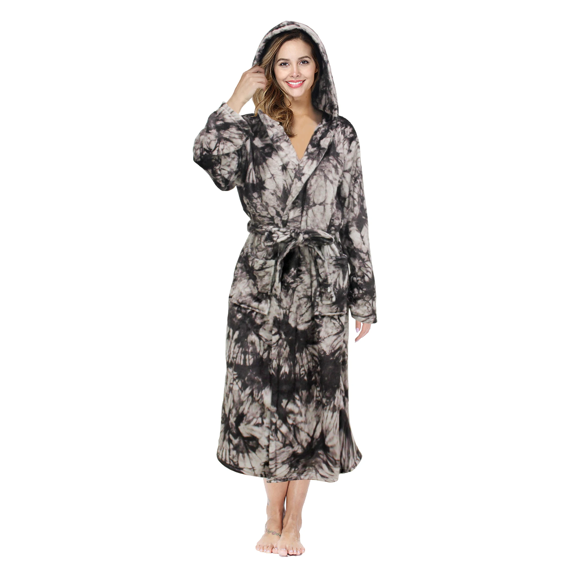 RONGTAI Tie dye Gray Fleece Womens Robe Bathrobes with Hood|Robes ...