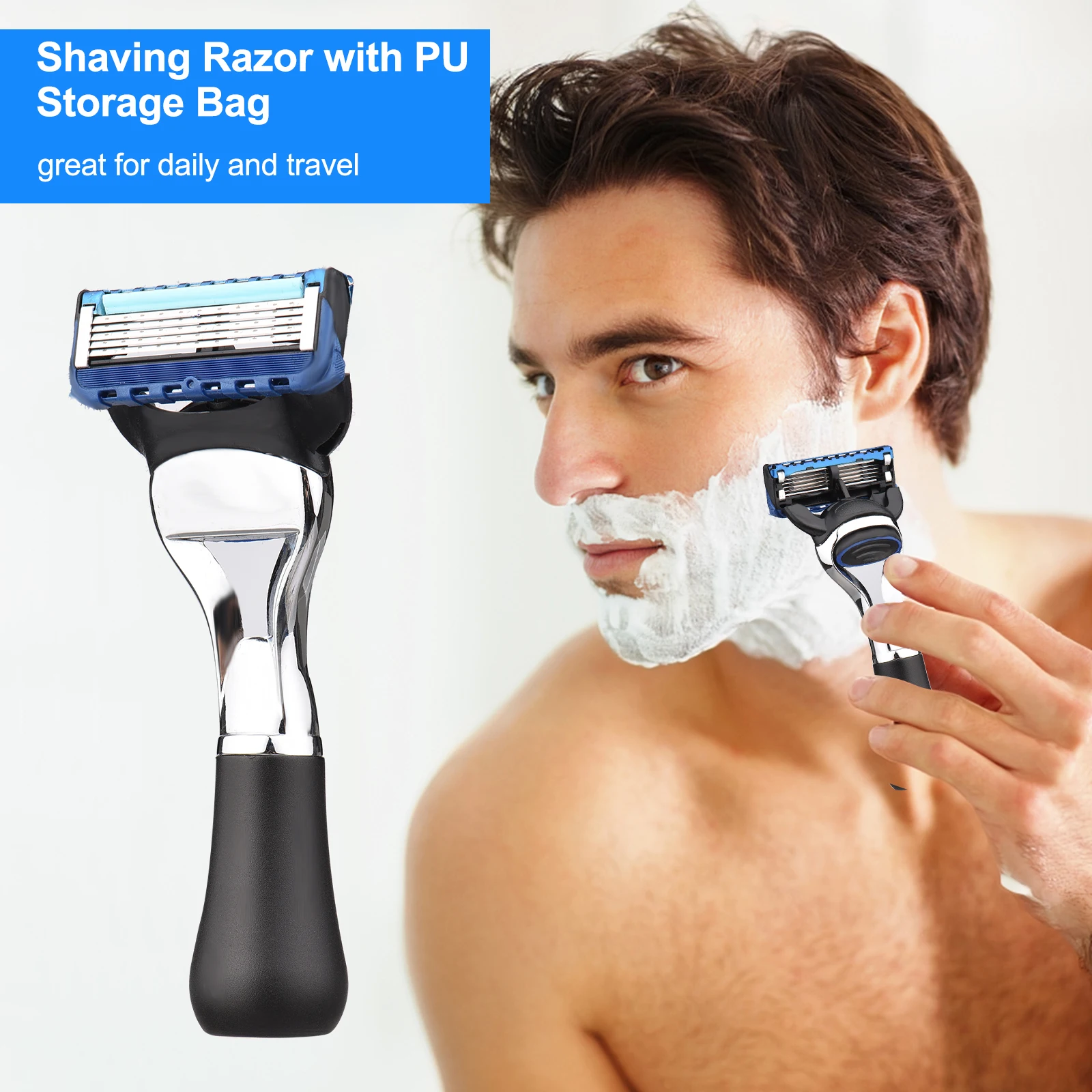 Shaving Razor with PU Storage Bag Safety Beard Razor Metal Mustache ...