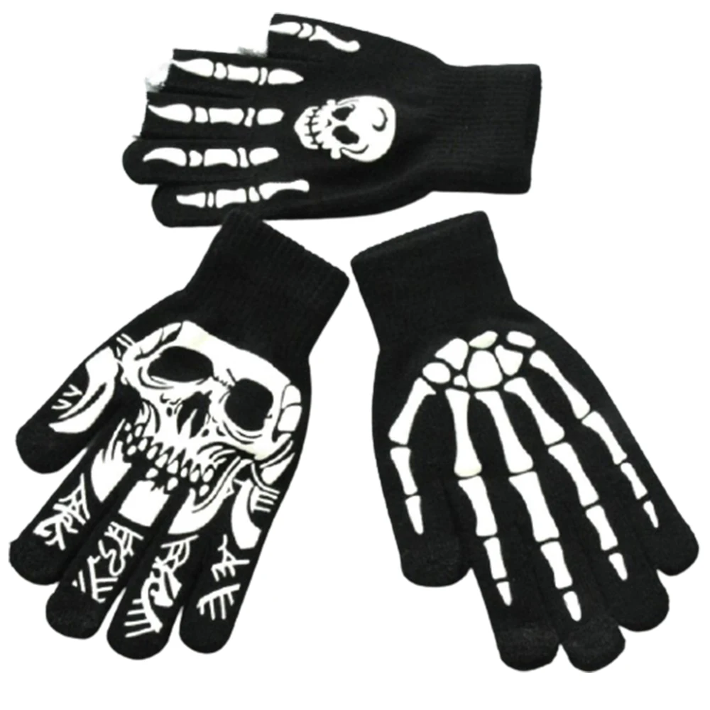 2022 New Unisex Adult Halloween Skeleton Skull Half Finger Gloves Glow ...