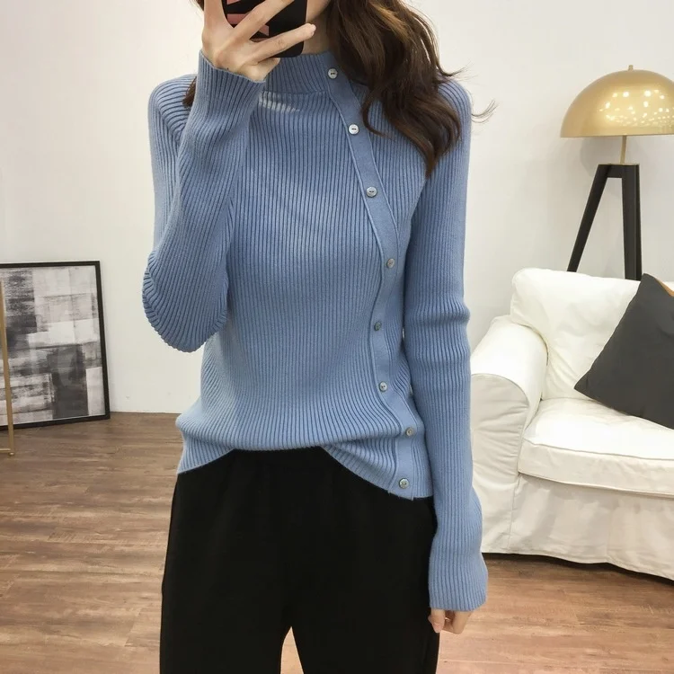 Vertical texture pit strip button half high neck sweater women's autumn ...
