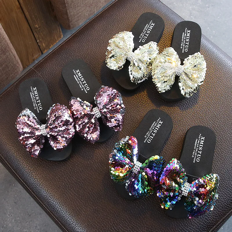 Fashion-Sequin-Bow-Girl-Slippers-Princess-Shoes-Children-Beach-Slipper ...