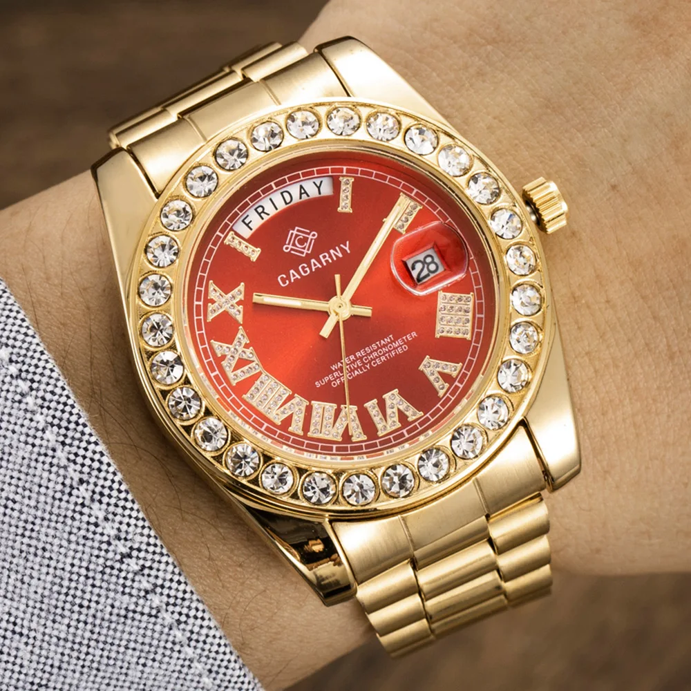 Luxury Crystal Diamond Gold Watch Men Quartz Stainless Steel Men ...