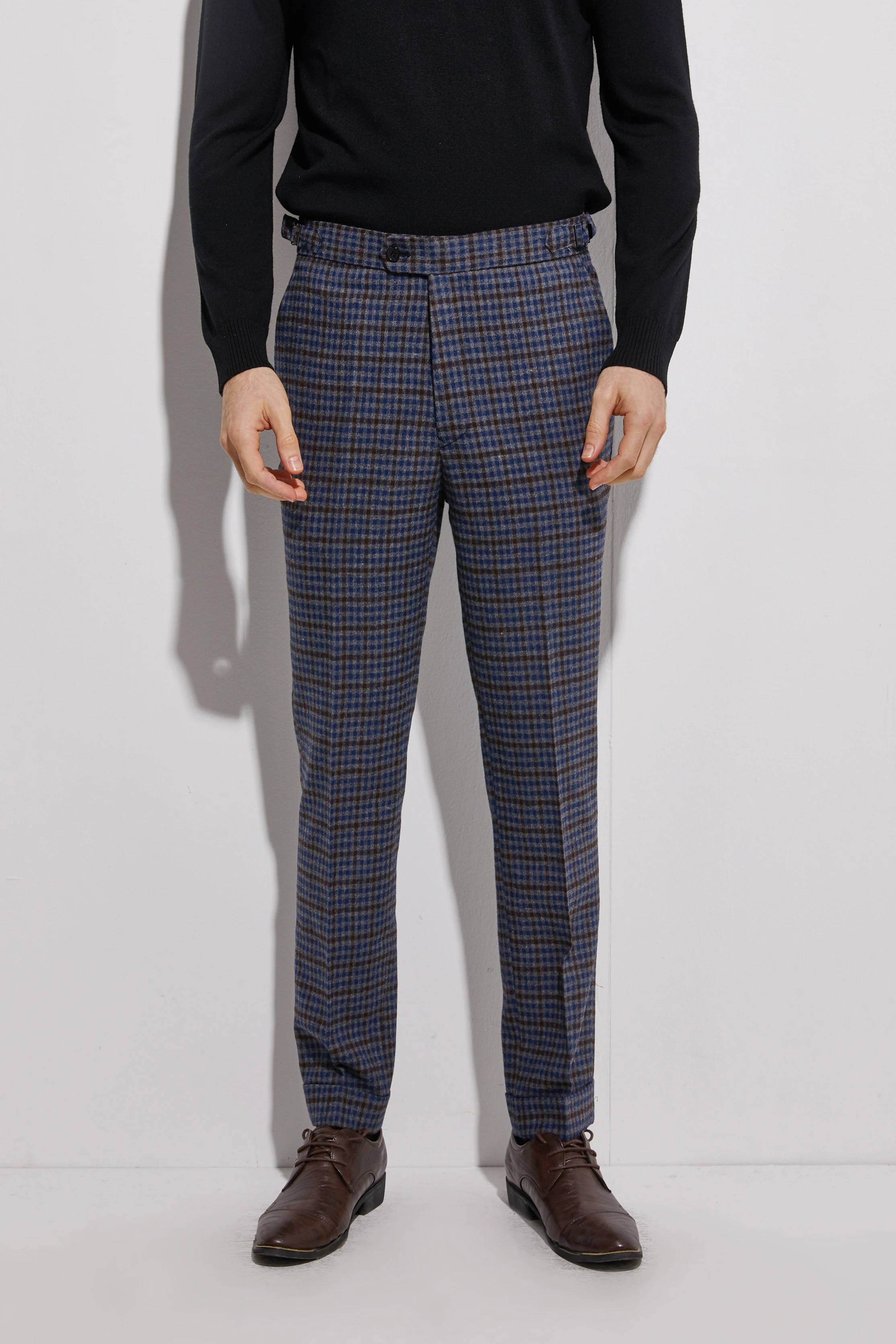 2020 Flannel Pants With Cuff Dark Blue Plaid Men Slim Fit Business ...