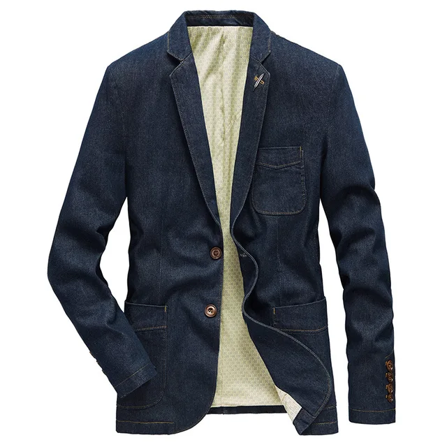 Cotton Men Denim Suit Jacket Single Breasted Pockets Blue Casual Street ...