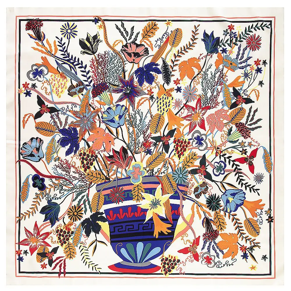 100% Twill Silk Women Scarf Luxury Brand Euro Plant pot Print Square ...