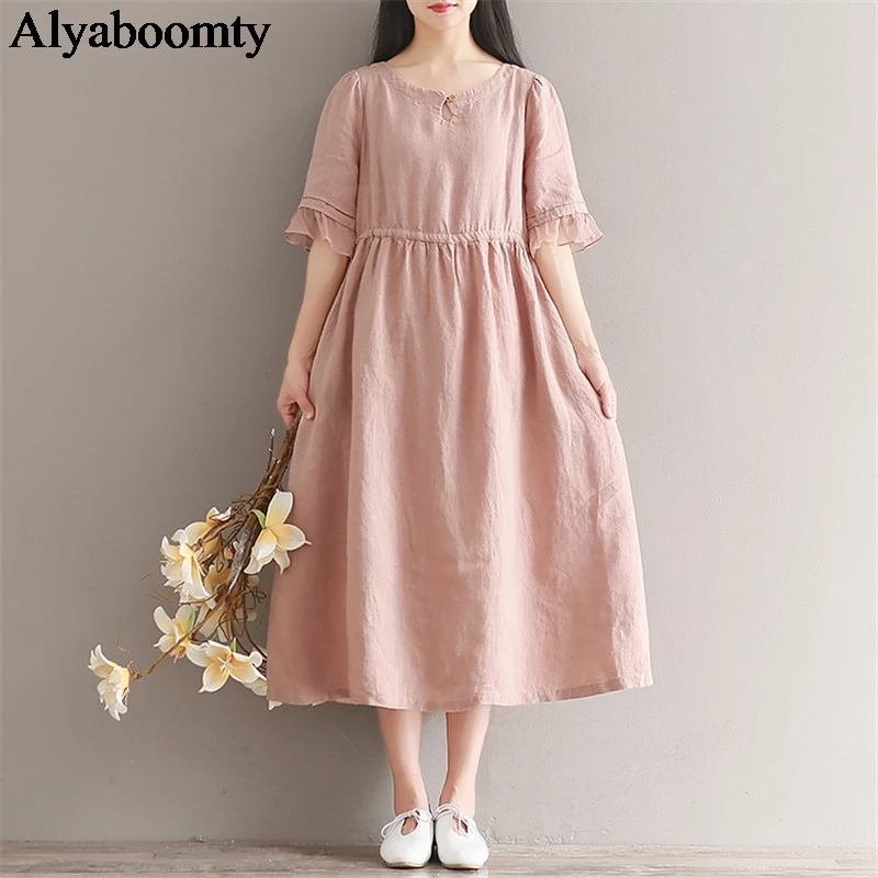 Vestido de verano de lino y algodón, manga corta|female dress|casual dresswomen casual dress ...