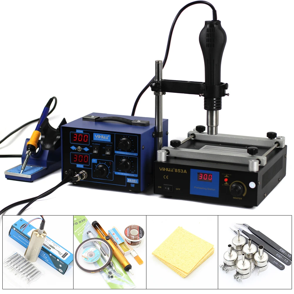 YIHUA 862D 2 in 1 Soldering station 650W SMD Hot Air Gun 60W Soldering Iron 600W YIHUA 853A Preheating Station AliExpress