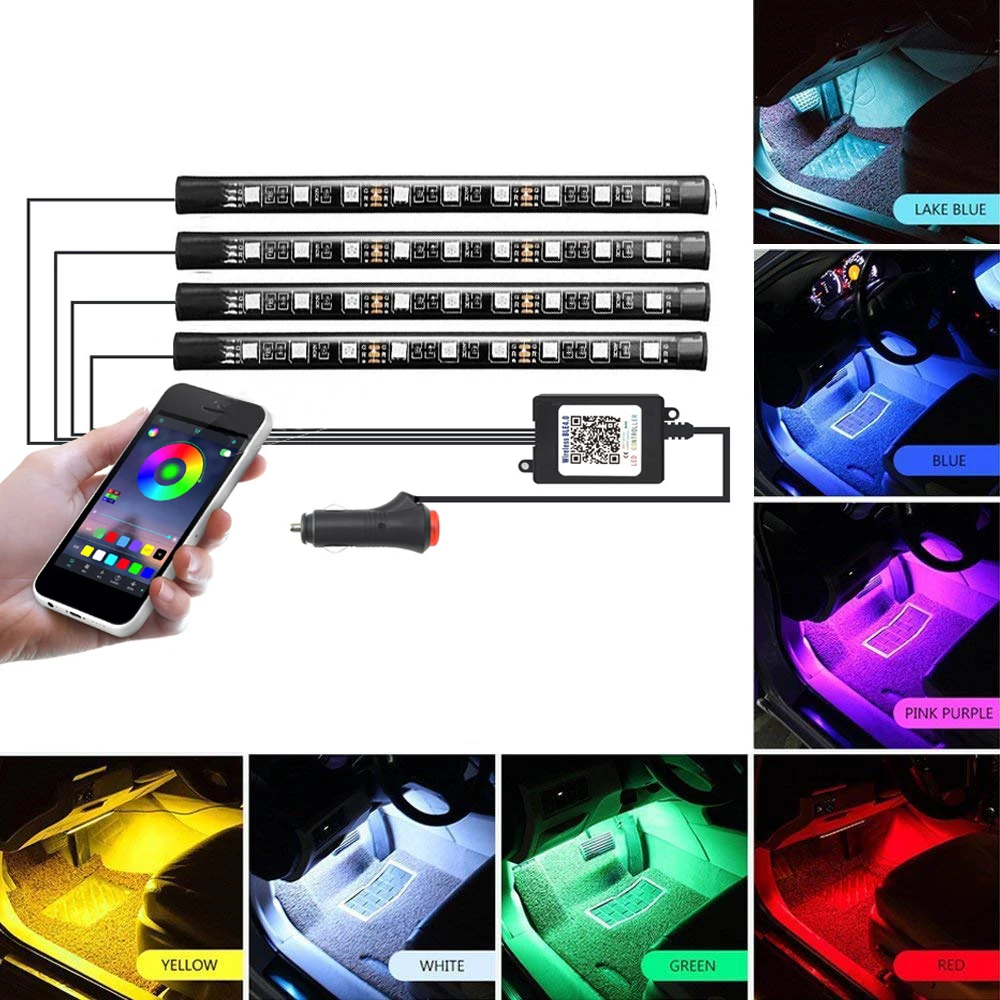 4PCS Car RGB LED Strip Lights 12V Flexible Car Styling Decorative ...